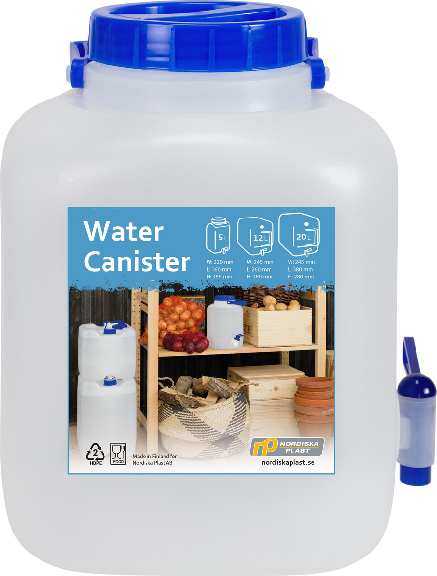 Vannbeholder med tappekran og håndtak, 5-13 liter